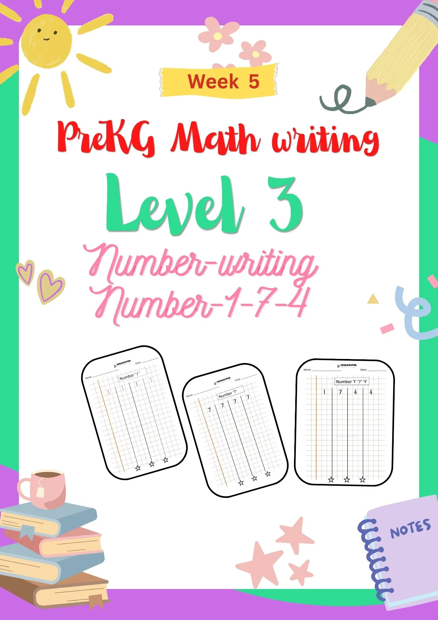 Math Number Writing - Week 5 – Practice 1, 7, and 4 (Ages 4–6) - IdeazSuper