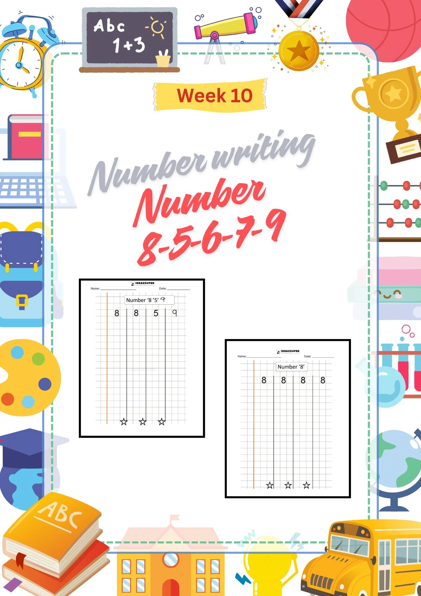 Math Number Writing - Week 10 – Numbers 8, 5–7, and 9 Practice (Ages 3 ...